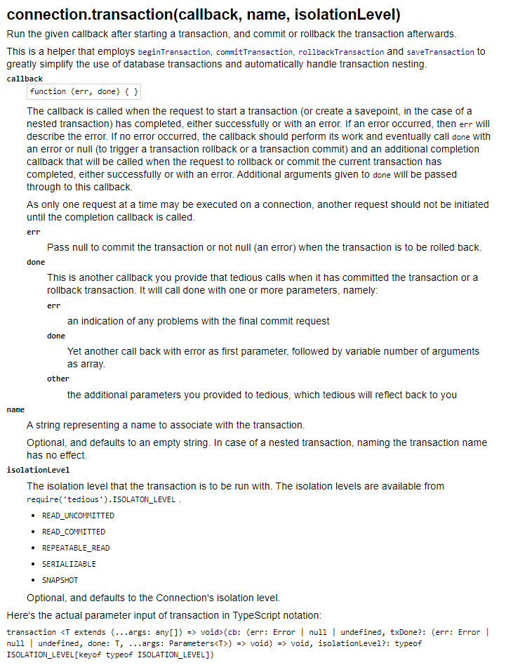 How Should I be using connection.transaction · Issue #412 · tediousjs/tedious · GitHub