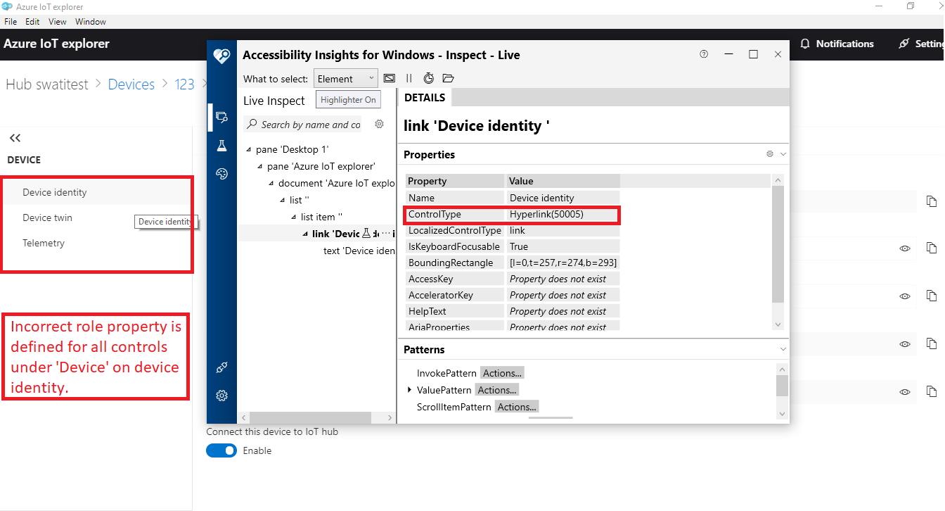 [Screen Reader - Azure Iot explorer - Device Identity]Incorrect role property is defined for all ...
