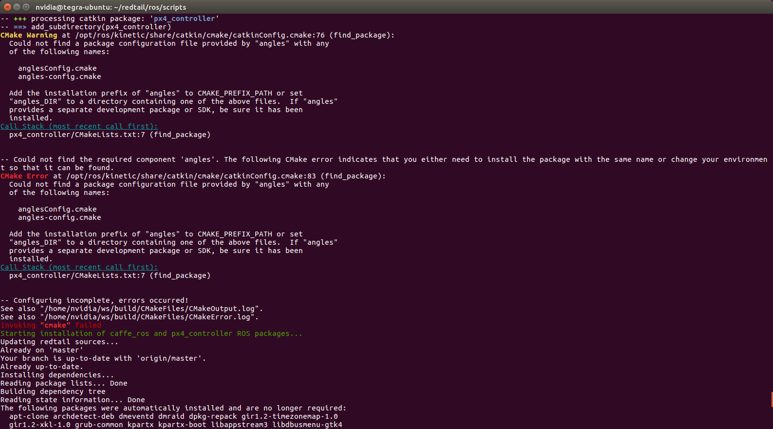 Cmake Error - ROS Kinetic Angles · Issue #137 · NVIDIA-AI-IOT/redtail · GitHub