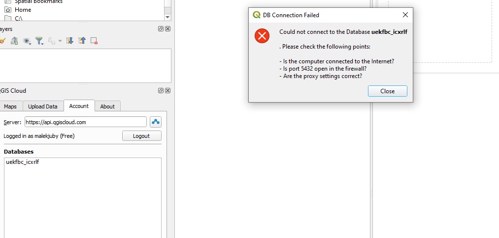 using QGIS Cloud and not connecting to DB it ask me to check internet connection an enable port ...