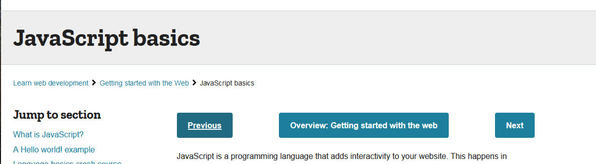 Previous and Next buttons from Javascript guide pages should have the ...