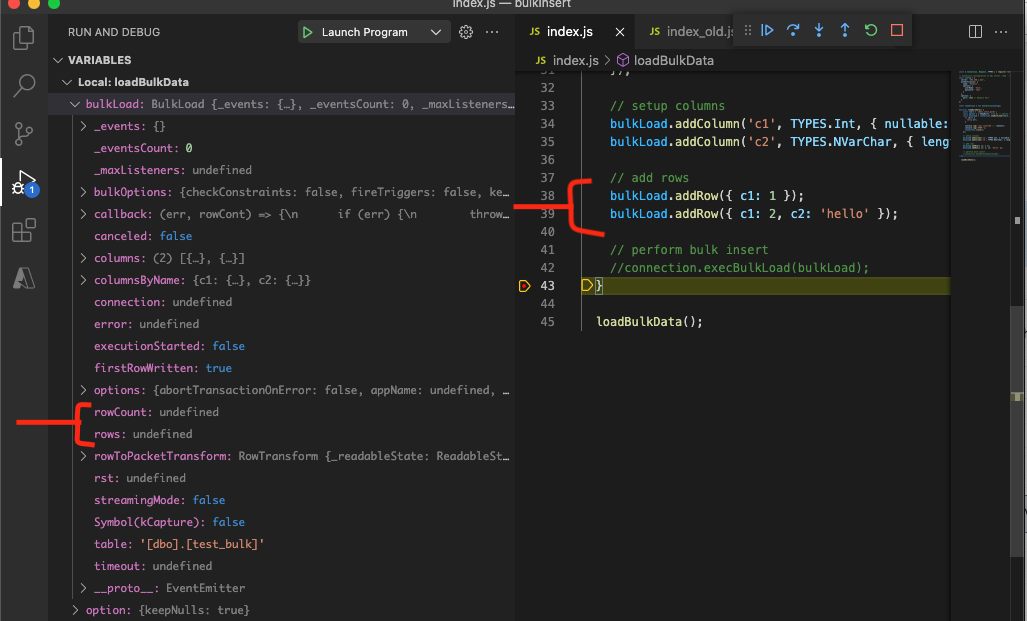 bulkLoad.addRow not adding rows to bulkLoad object · Issue #1322 · tediousjs/tedious · GitHub