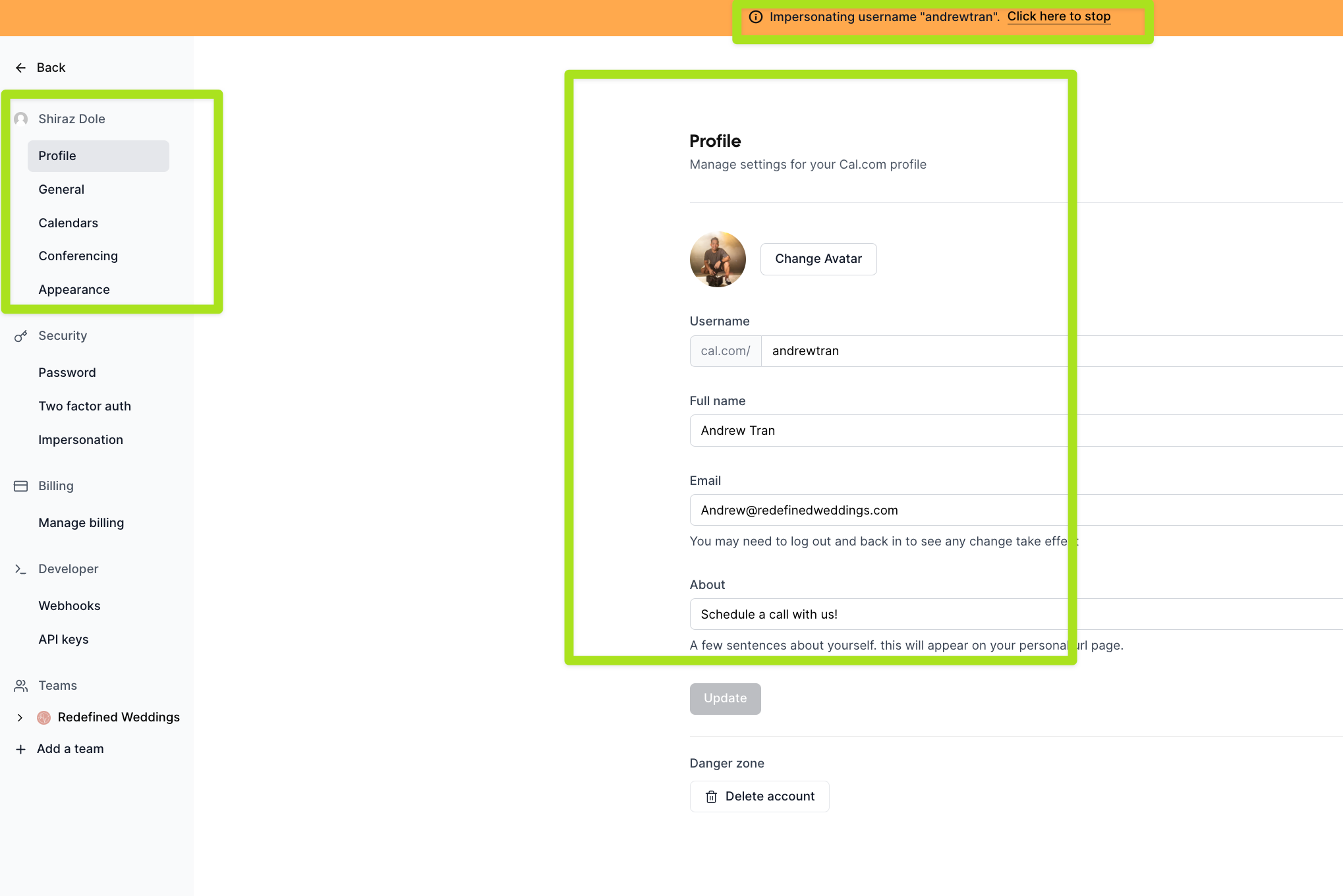 [CAL-818] when impersonating wrong username is displayed shown in sidebar · Issue #6542 · calcom ...