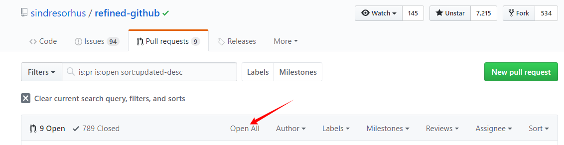Missing open all pull requests button on users' Pull Requests page · Issue #1699 · refined ...