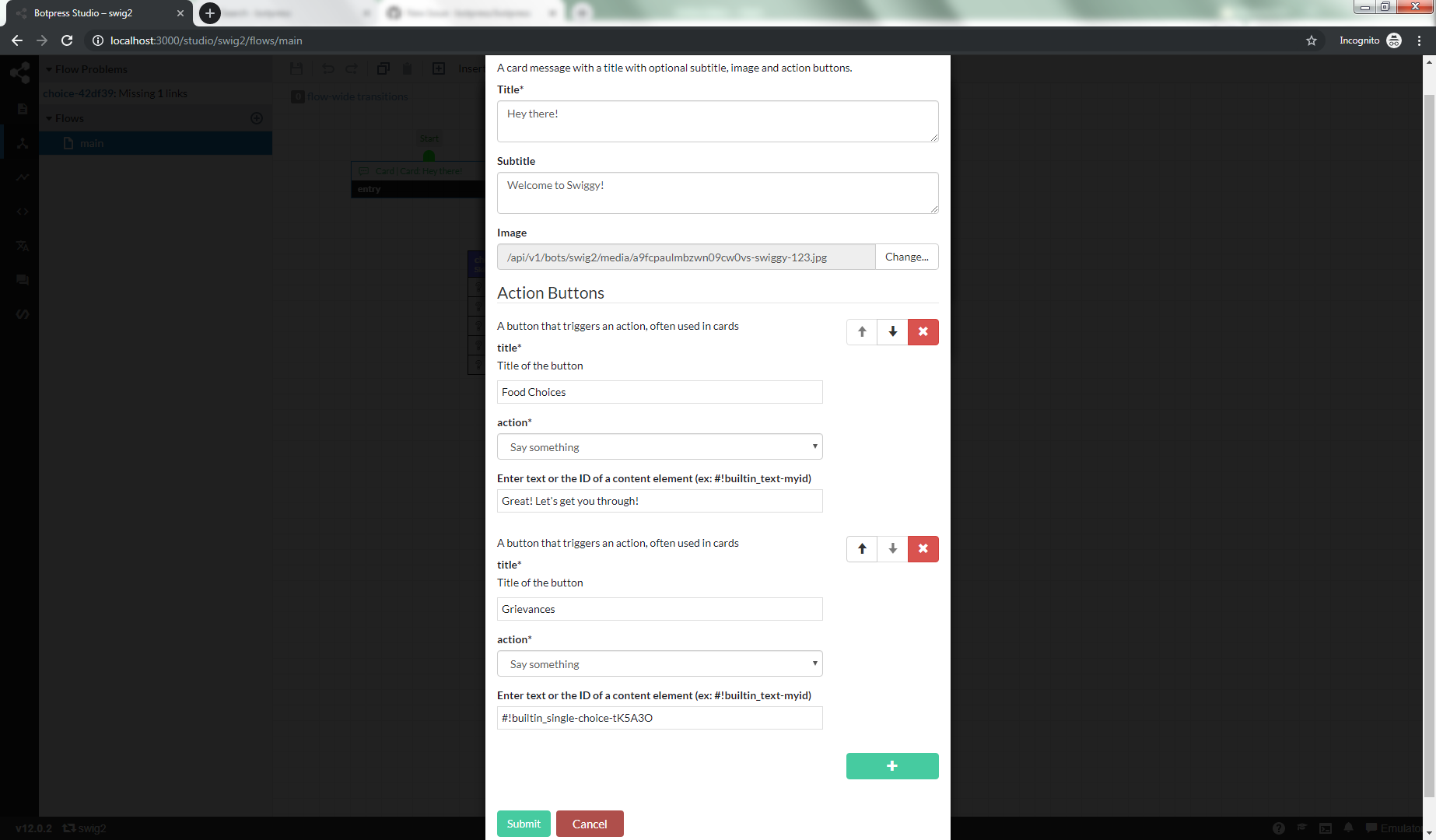 For choice navigated from Card/Carousel, clicking on options are redirecting to entry node ...