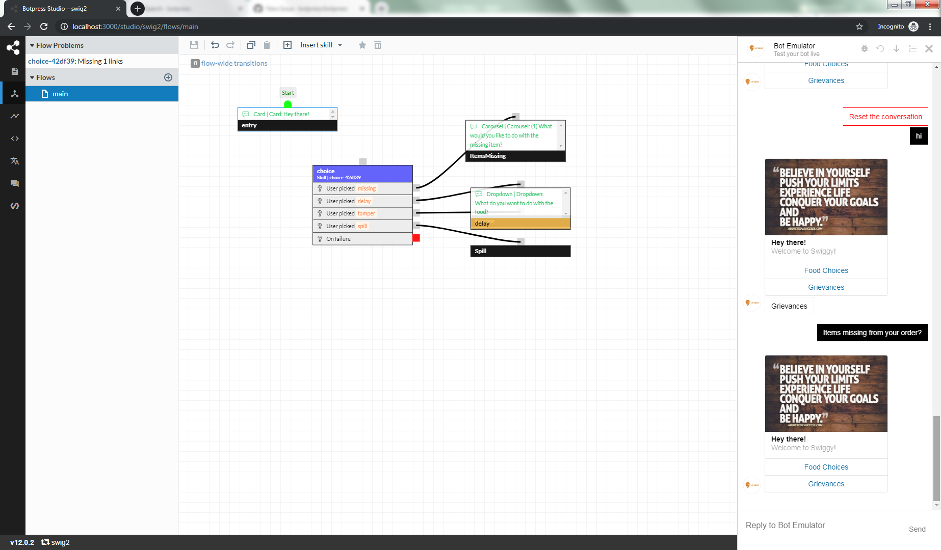 For choice navigated from Card/Carousel, clicking on options are redirecting to entry node ...