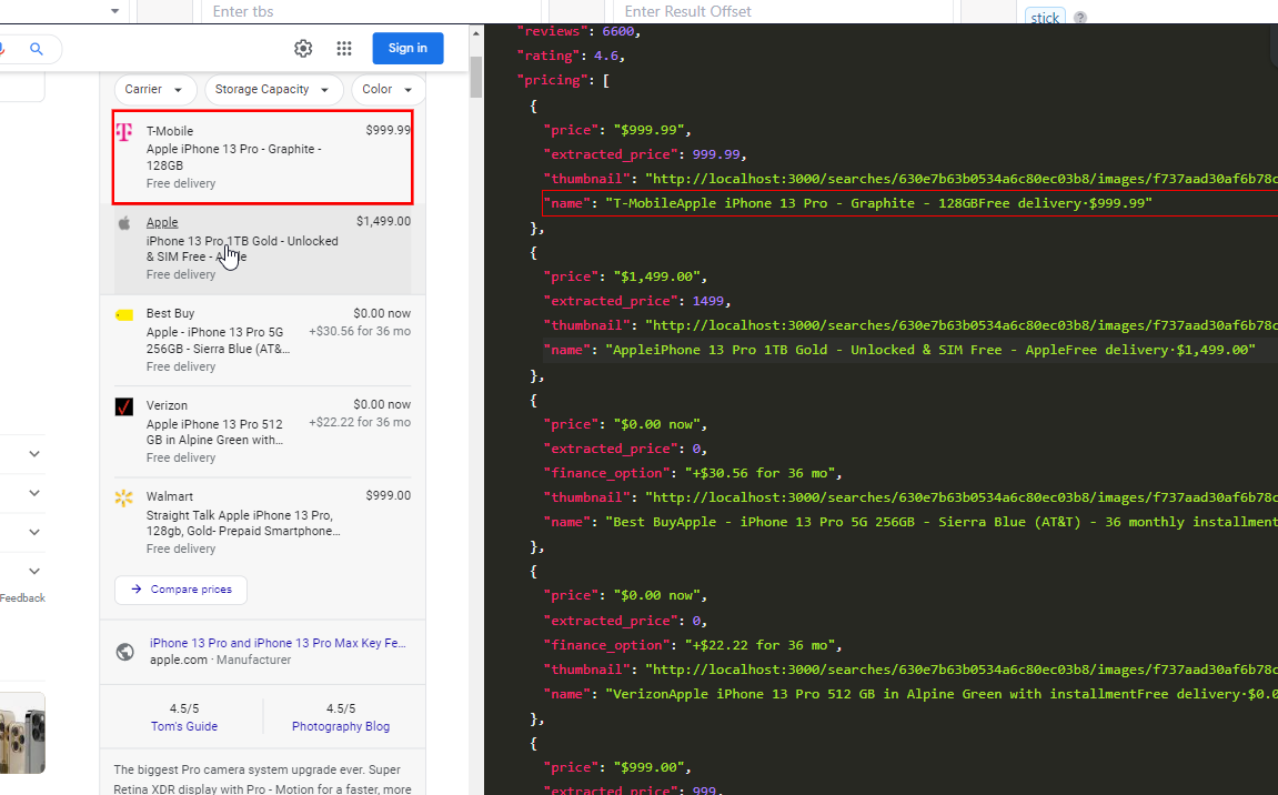 [Google Search API] `product_result` mixed information in `name` part of `pricing` key · Issue ...