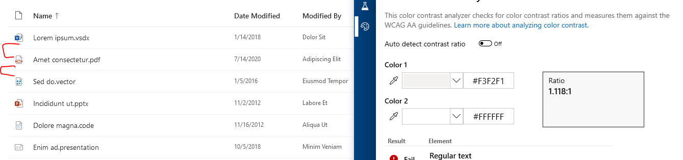 For the DetailsList, the luminosity ratio for the delimiter between rows is less than 3:1 ...