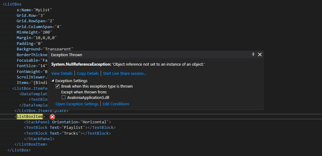 ListBox NRE if ListBoxItem and ItemTemplate specified · Issue #4568 · AvaloniaUI/Avalonia · GitHub