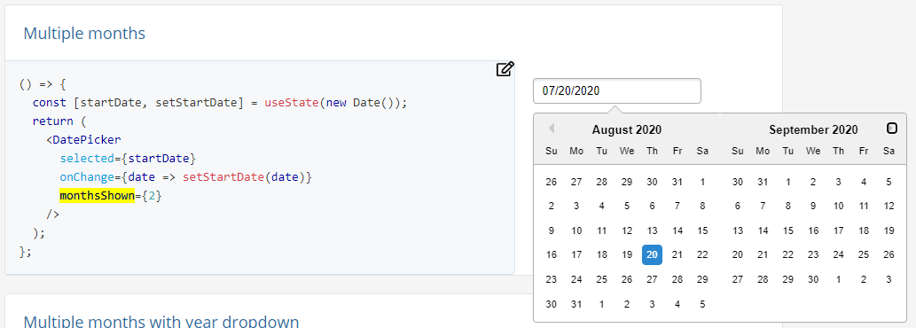 The second calendar (monthsShown=2) shows the last week of the first calendar again (or vice ...