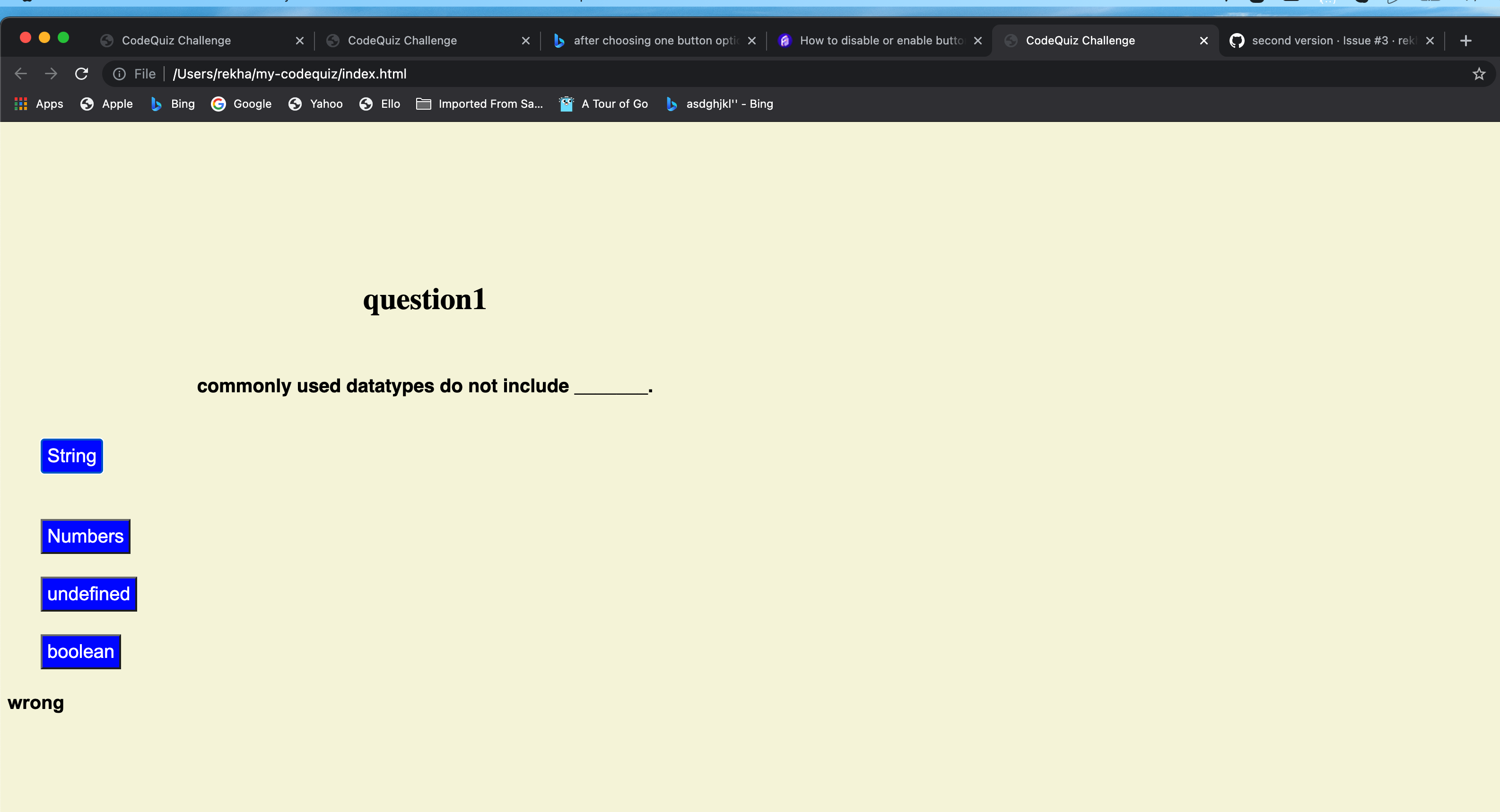 wrong answer · Issue #4 · rekhaselvan01/my-codequiz · GitHub