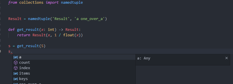 No autocomplete suggestions for namedtuple returned from function with ...