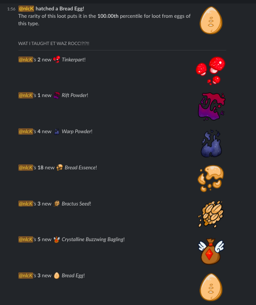 When opening eggs, obtained hackagotchi are not in the message posted to #hackstreet and app ...