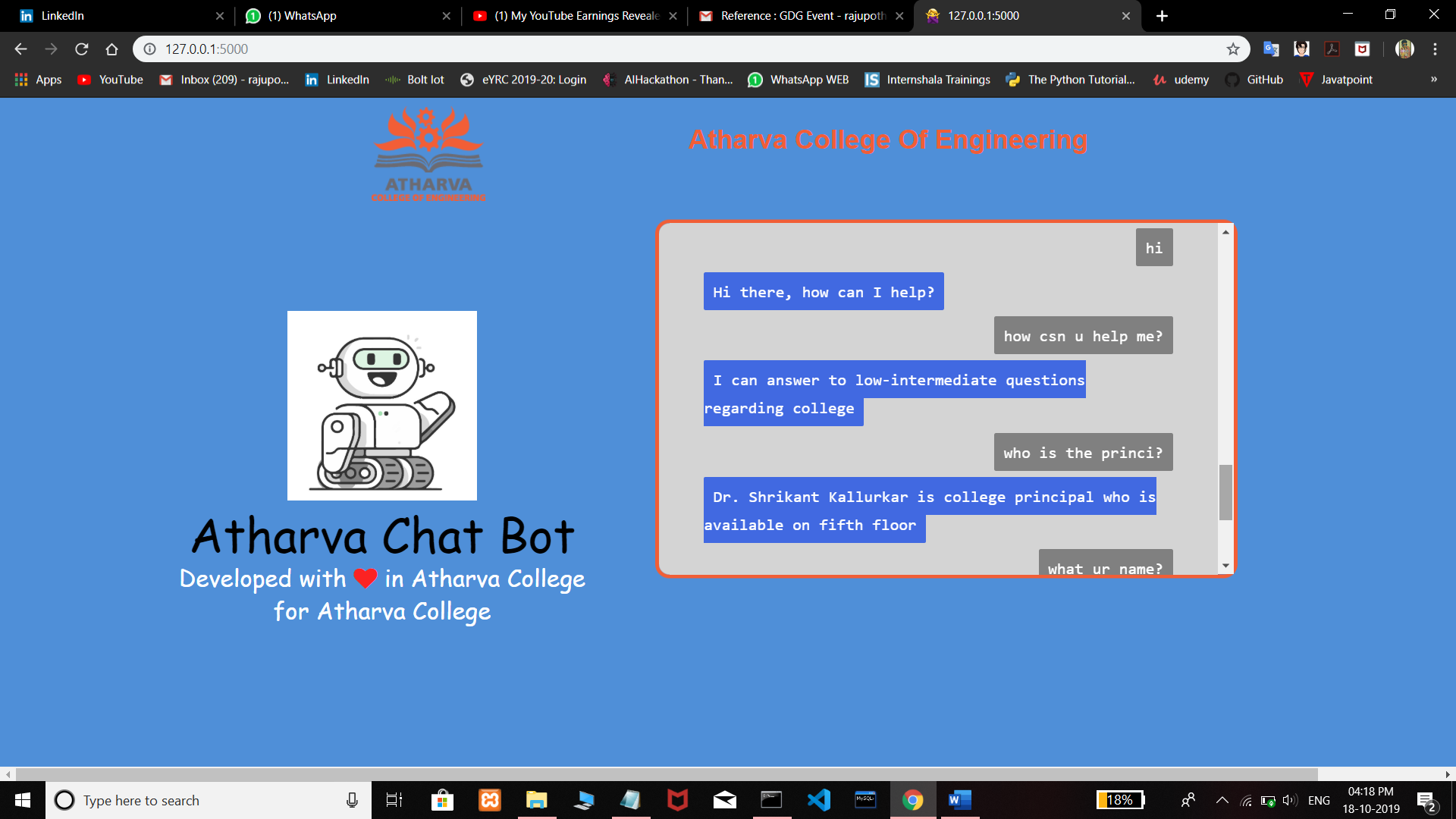 GitHub - Amogh-Sawant/Chatbot: Chatbot created at IEEE hackathon.
