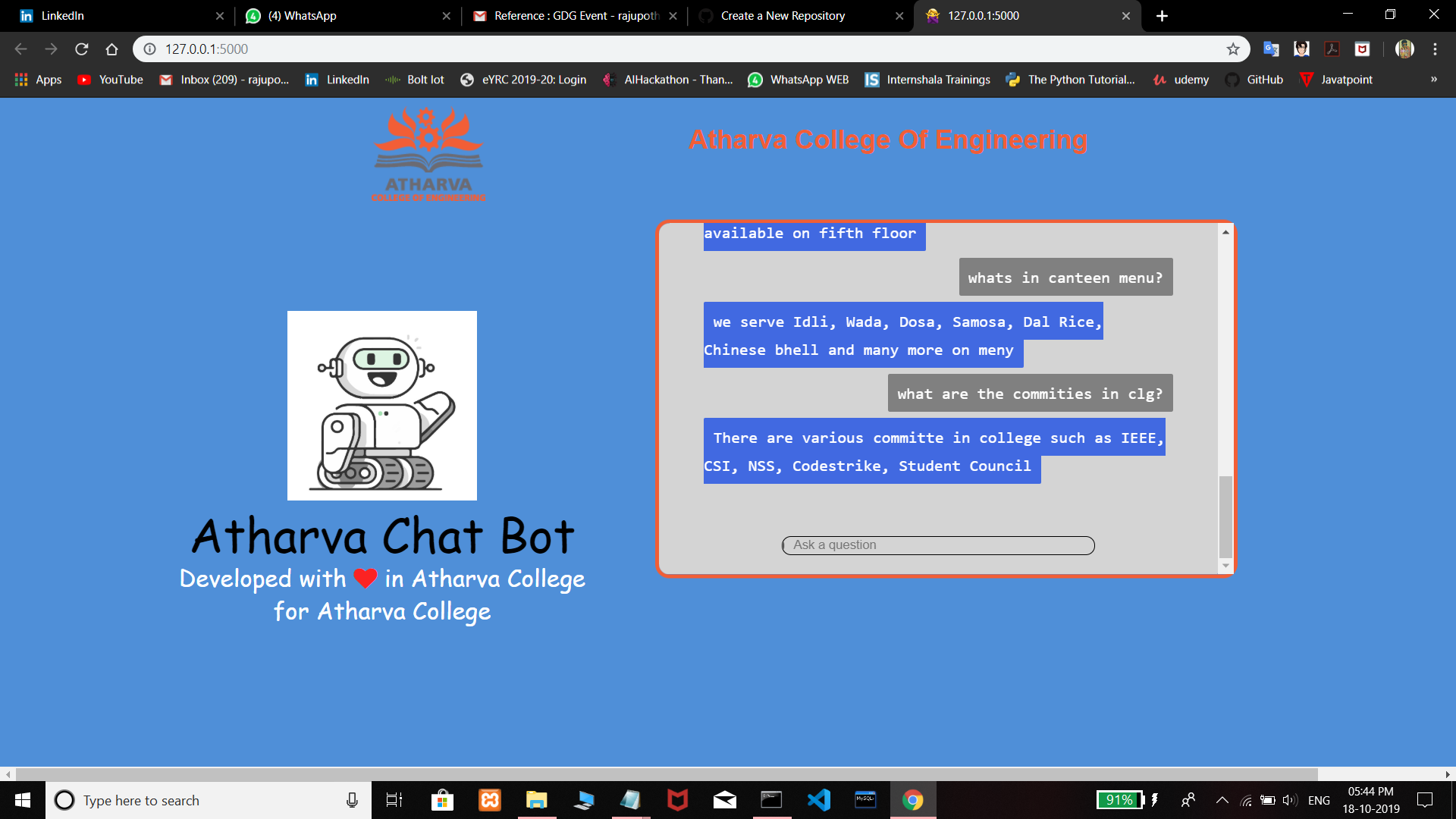 GitHub - Amogh-Sawant/Chatbot: Chatbot created at IEEE hackathon.