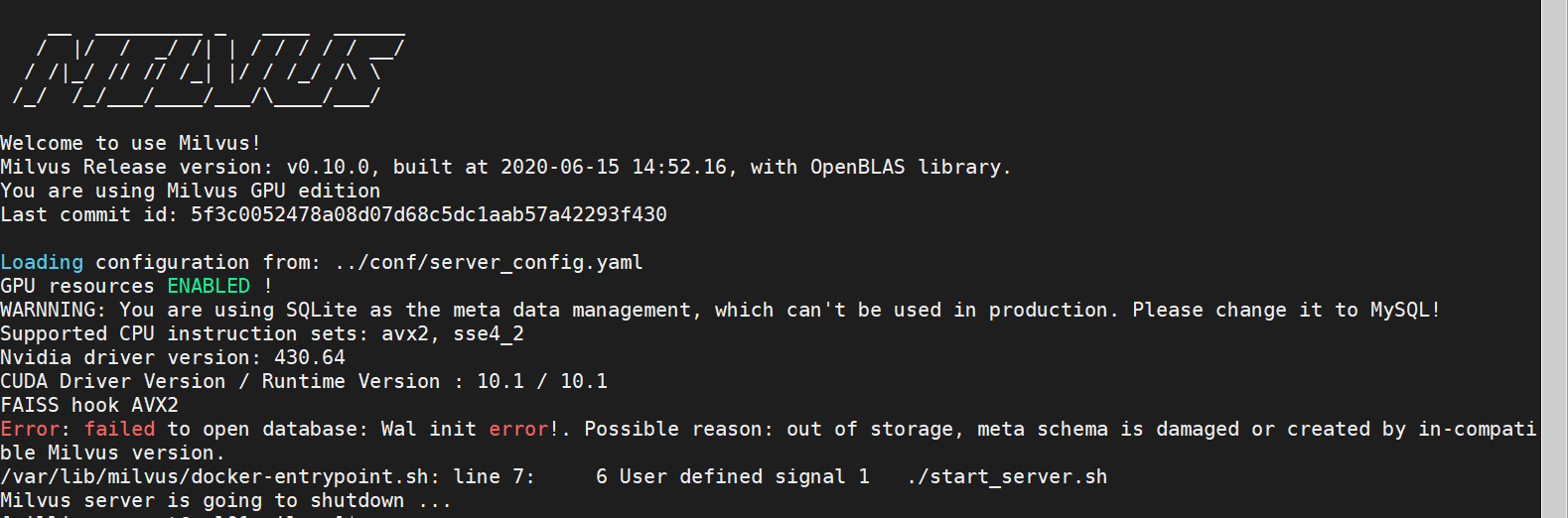 failed to open database: Wal init error! · Issue #2577 · milvus-io/milvus · GitHub