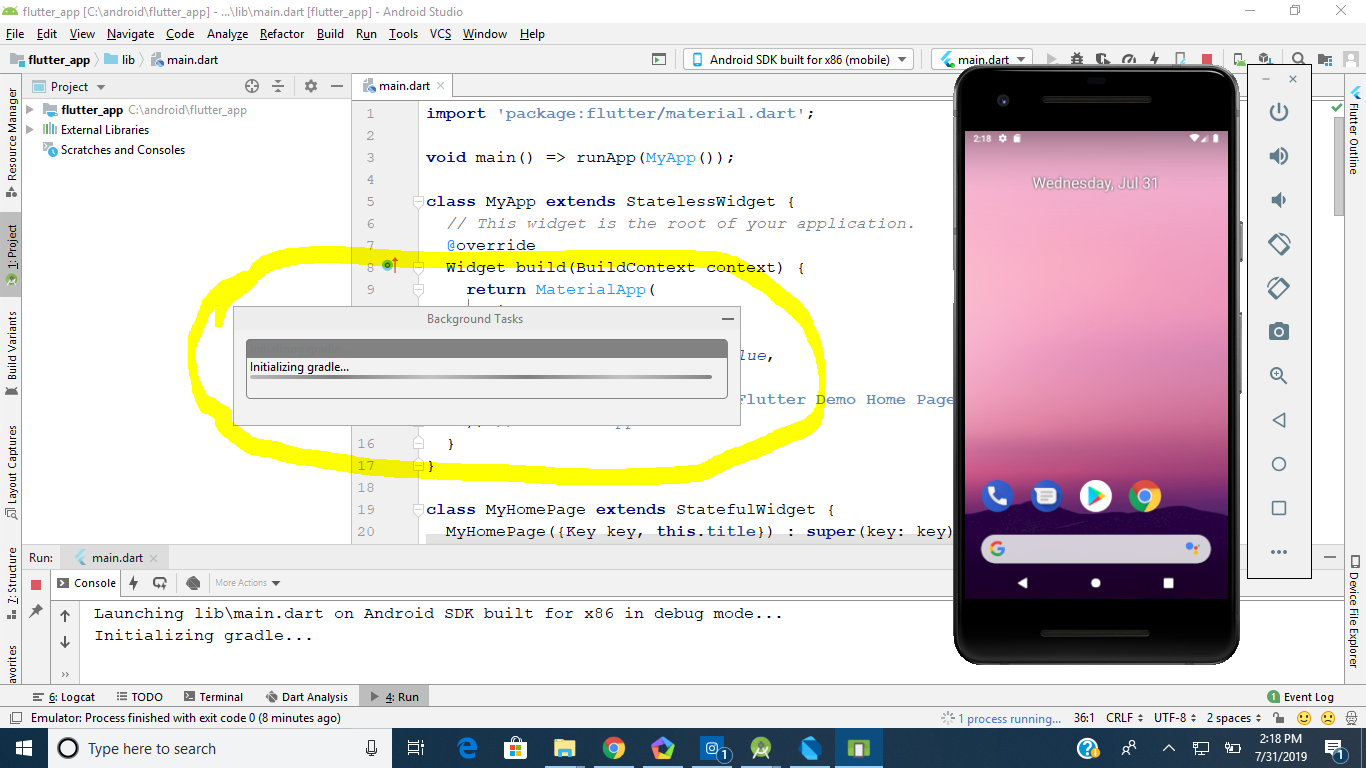 I tried running my flutter code on my android emulator but got this ...