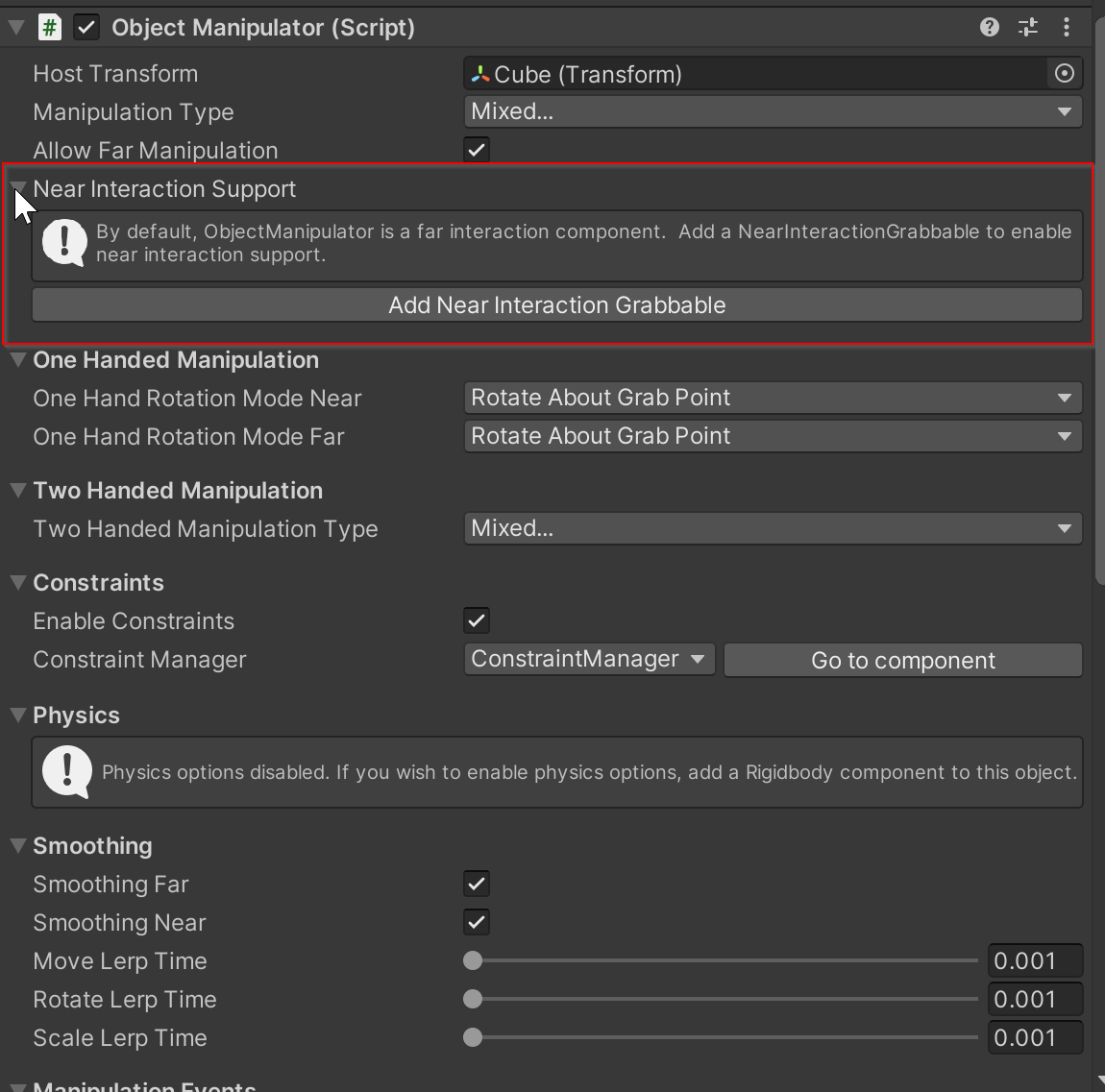 ObjectManipulator Dependency on NearInteractionGrabbable is not obvious ...