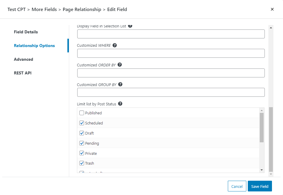 Limit List By Post Status In Relationship Fields Has No Effect · Issue 6470 · Pods Framework