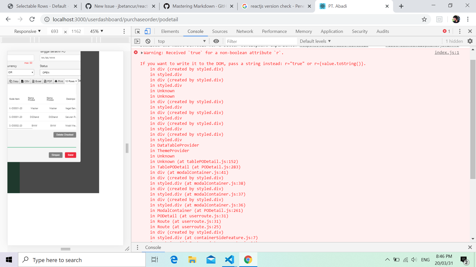 A ghost column and warning inside console browser · Issue #503 · jbetancur/react-data-table ...