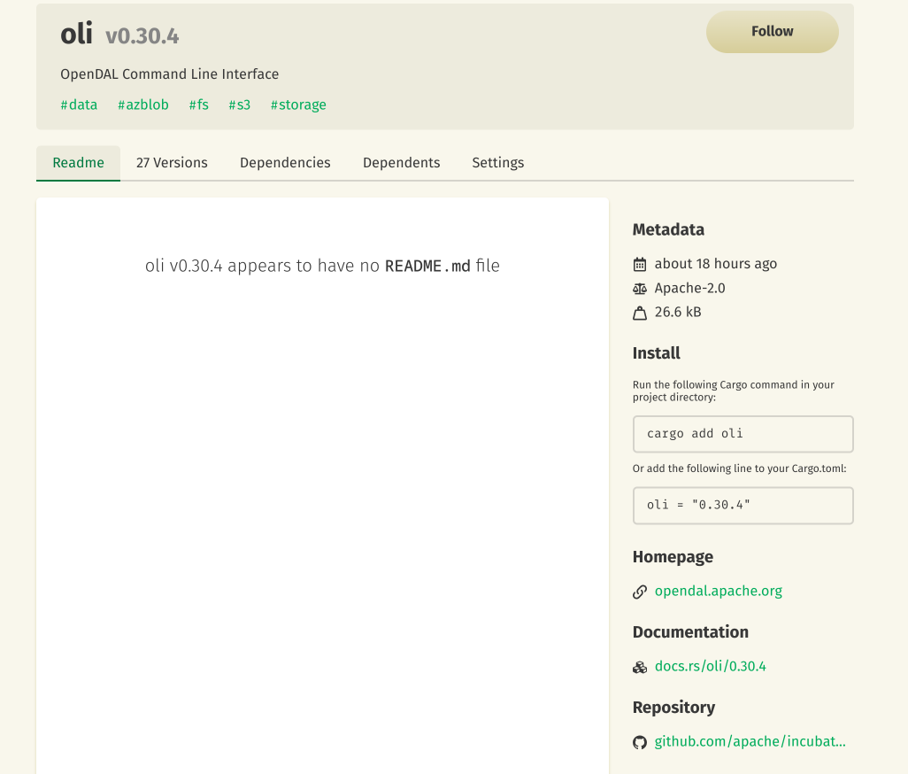 docs: Add README for `oli` · Issue #1776 · apache/opendal · GitHub
