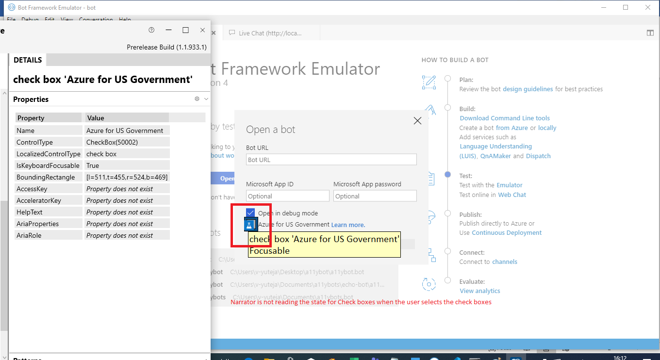 [MAS4.2.2] [Screen Reader-Open bot dialog] Narrator is not reading the state for Check boxes ...