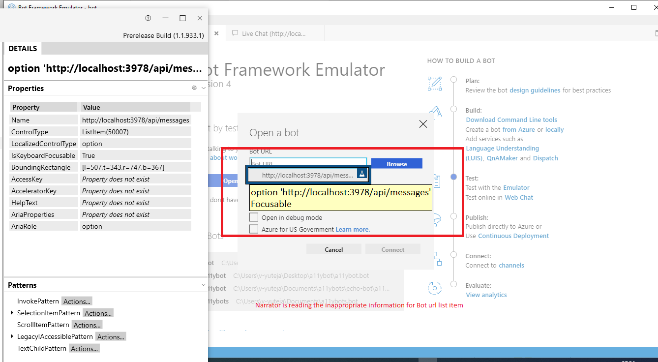 [MAS4.2.1] [Screen Reader-Open bot dialog] Narrator is reading the inappropriate information for ...