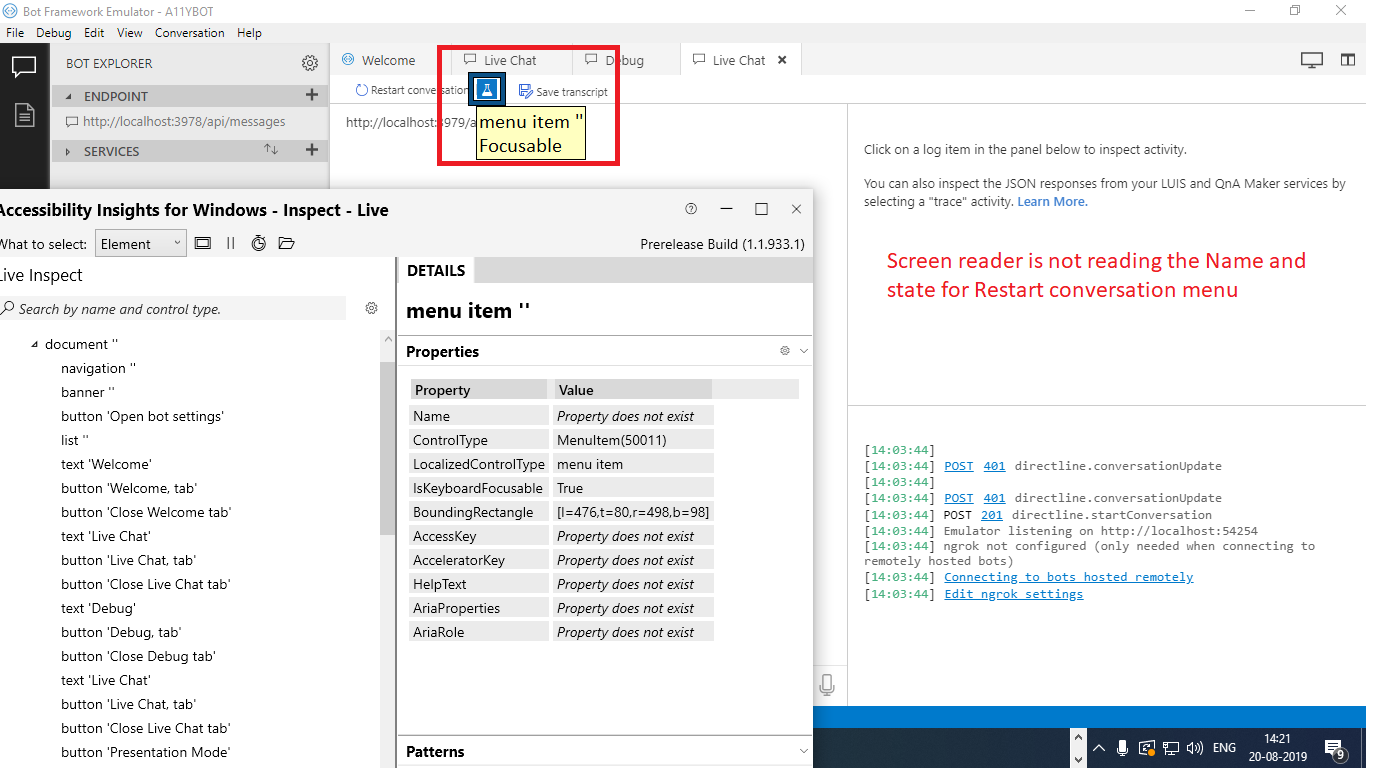 [MAS4.1.2] [Screen reader-Restart conversation menu] Screen reader is not reading the Name and ...