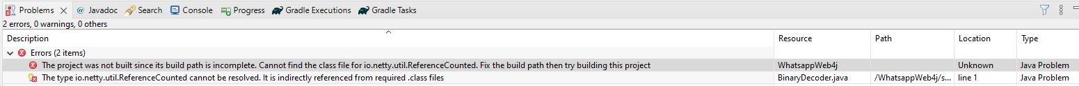 The type io.netty.util.ReferenceCounted cannot be resolved. It is indirectly referenced from ...