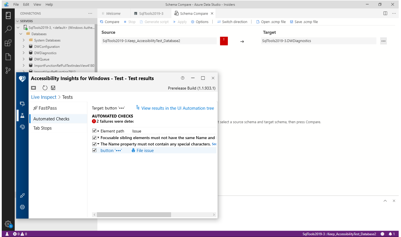 A11y_AzureDataStudio(Schema,Dacpac,Backup)_SelectSource-Target_SchemaCompare_AI4D: Name property ...