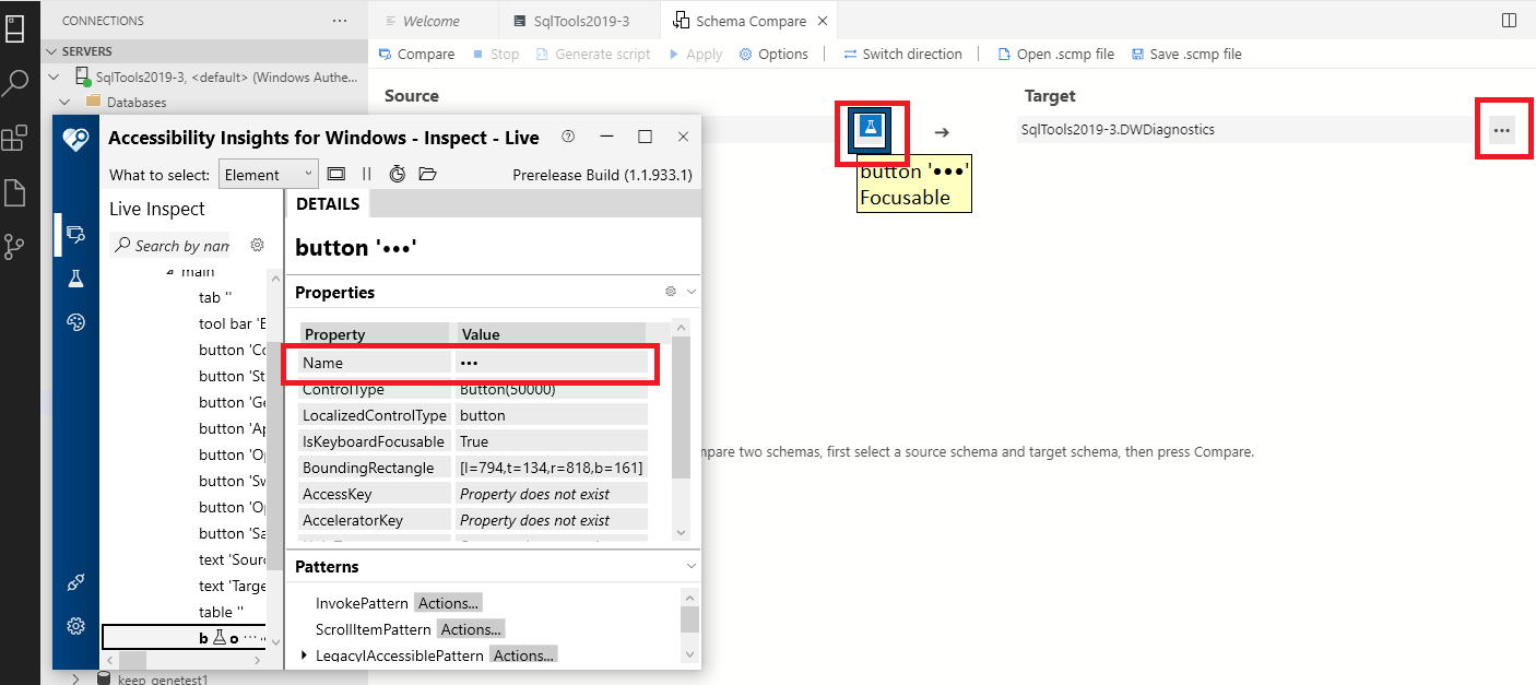 A11y_AzureDataStudio(Schema,Dacpac,Backup)_SelectSource-Target_SchemaCompare_AI4D: Name property ...