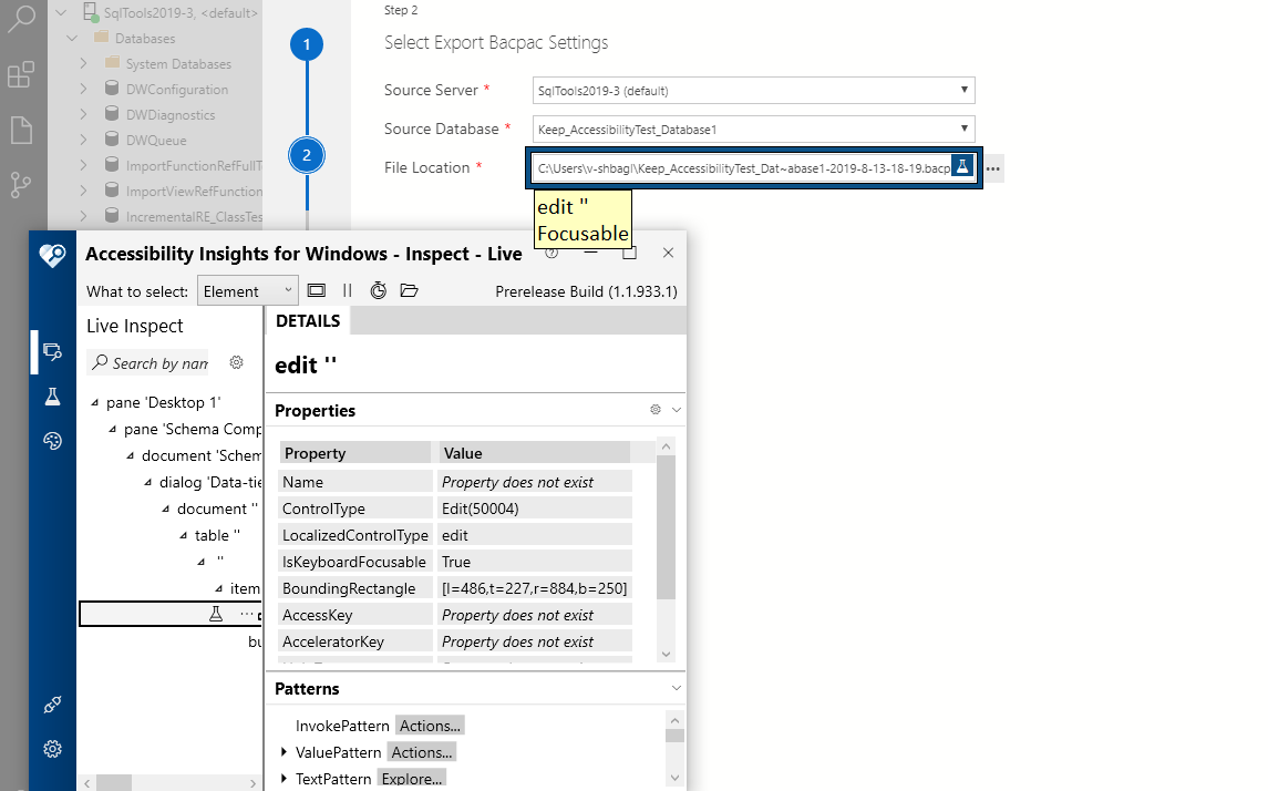 A11y_AzureDataStudio(Schema,Dacpac,Backup)_ExportBacpacSettings_ExportBacpac_AI4D: Name property ...