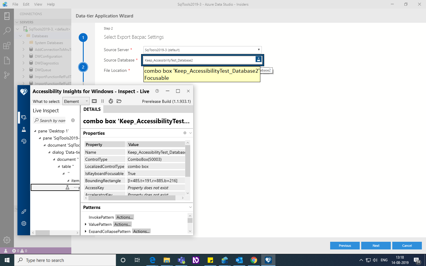 A11y_AzureDataStudio(Schema,Dacpac,Backup)_ExportBacpacSettings_ExportBacpac_AI4D: Name property ...