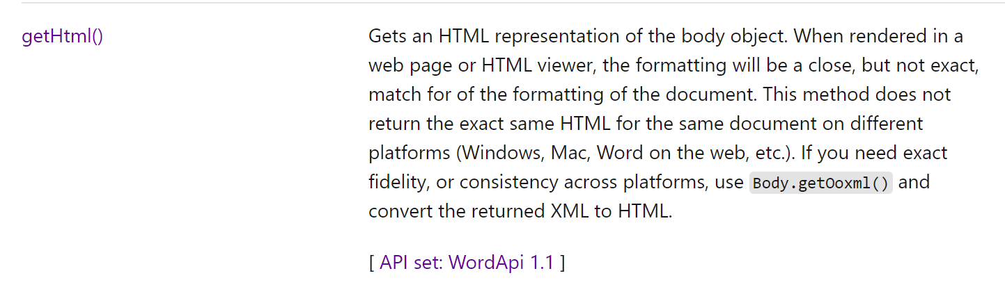 Word addin: context.document.body.getHtml().value brings back comments in Word Software but does ...