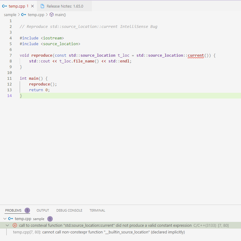 Call to consteval function "std::source_location::current()" did not produce a valid constant ...