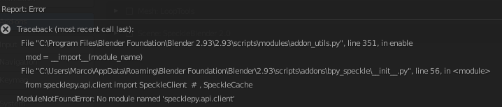 Error in loadind Speckle for Blender · Issue #69 · specklesystems/speckle-blender · GitHub