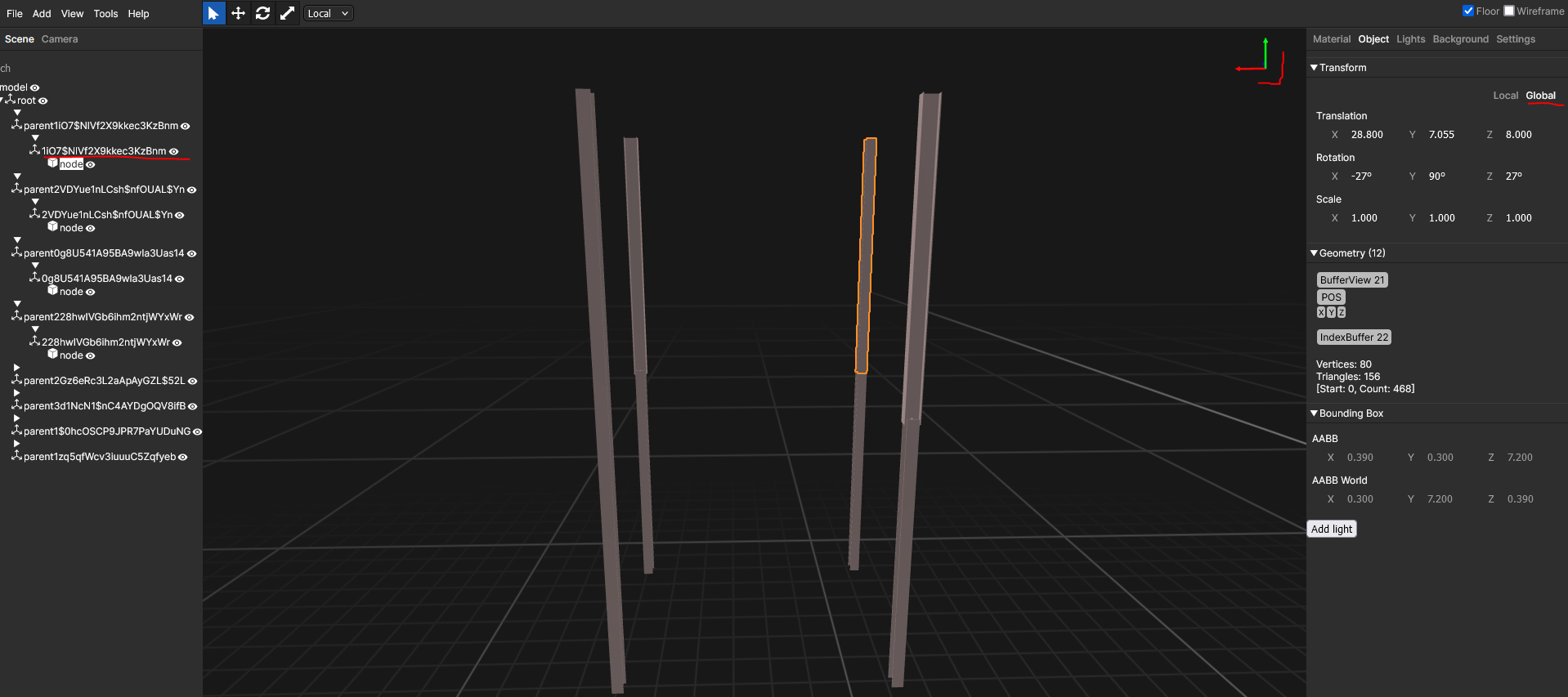 Comparing 2 very simple gltf generated files with same node matrices, because of different ...