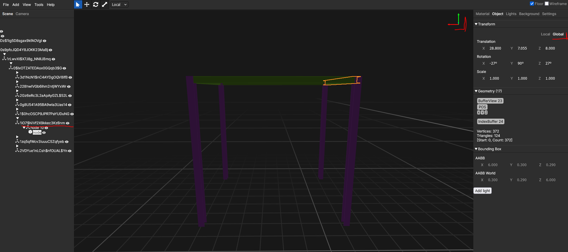 Comparing 2 very simple gltf generated files with same node matrices, because of different ...