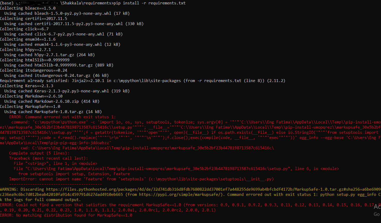 i am facing a problem when i trying to excute this command 'pip install -r requirements.txt ...