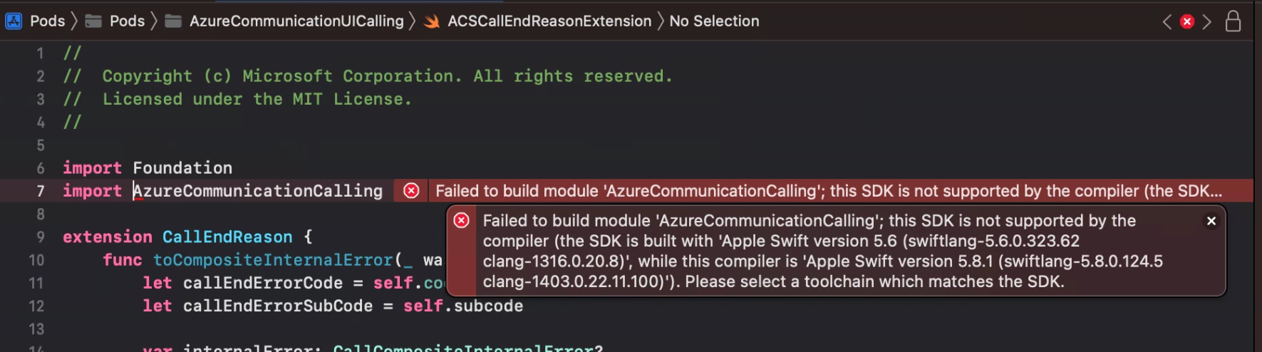 React-Native: This SDK is not supported by the compiler (expecting Swift 5.6, but currently have ...