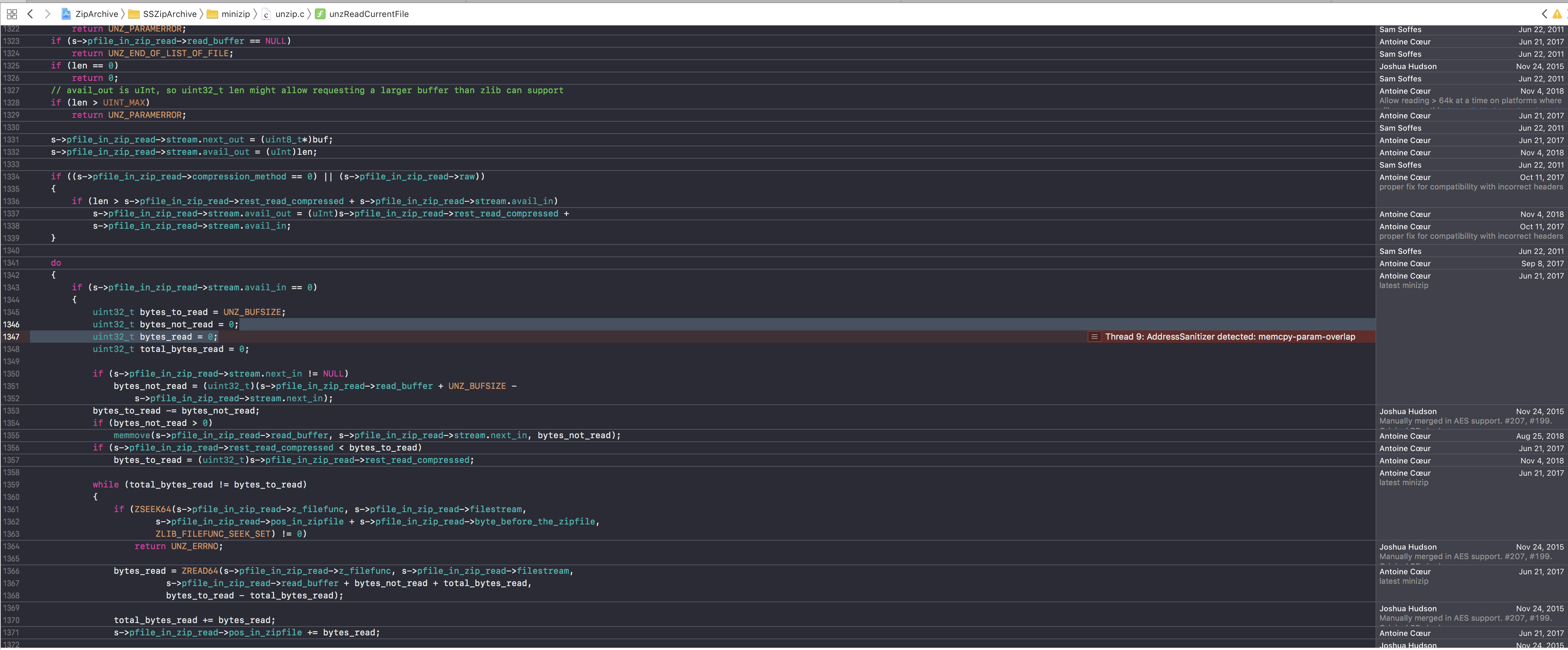 Xcode 10 address sanitizer yields memcpy-param-overlap · Issue #496 · ZipArchive/ZipArchive · GitHub