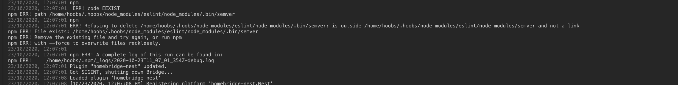 Error Updating HOOBS Certified Nest Plugin (homebridge-nest) · Issue #865 · hoobs-org/HOOBS · GitHub