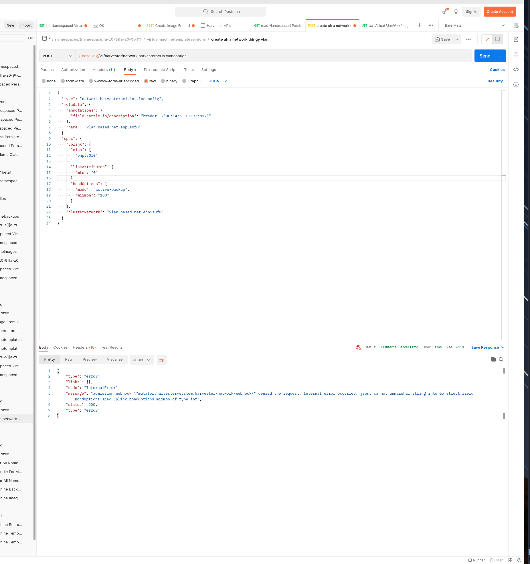 [BUG] v1.1-008b5d50-head, network.harvesterhci.io.vlanconfig GUI Sends ...