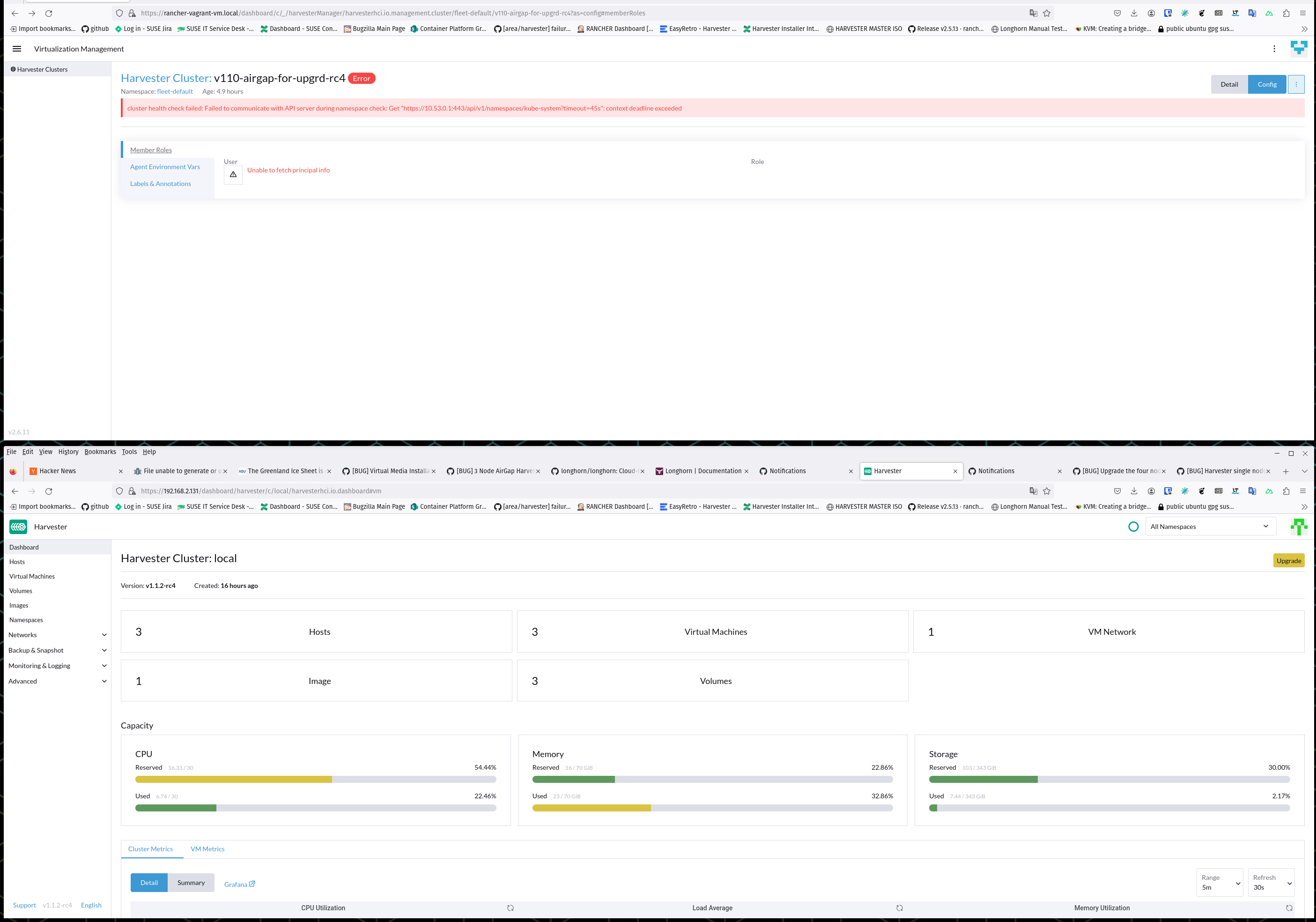 [BUG] After Upgrade From 3 Node AirGapped v1.1.0->v1.1.2-rc4 Rancher v2.6.11 Virtualization ...