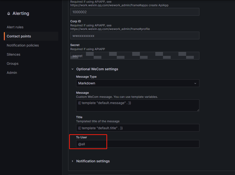Wecom contact channel @someone does not take effect. · Issue #73798 · grafana/grafana · GitHub