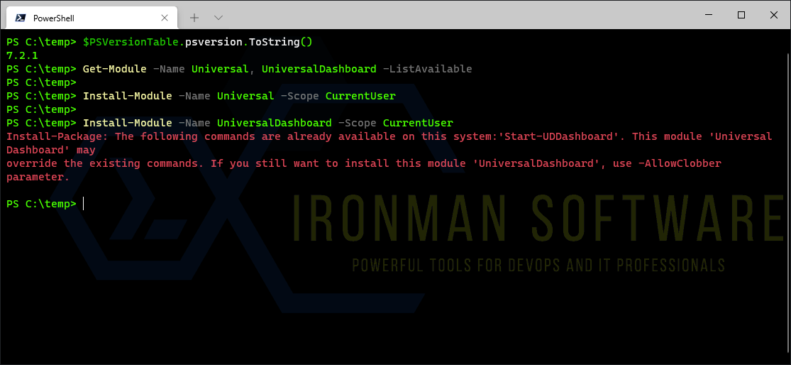 UniversalDashboard module install error: 'Start-UDDashboard already available' · Issue #919 ...