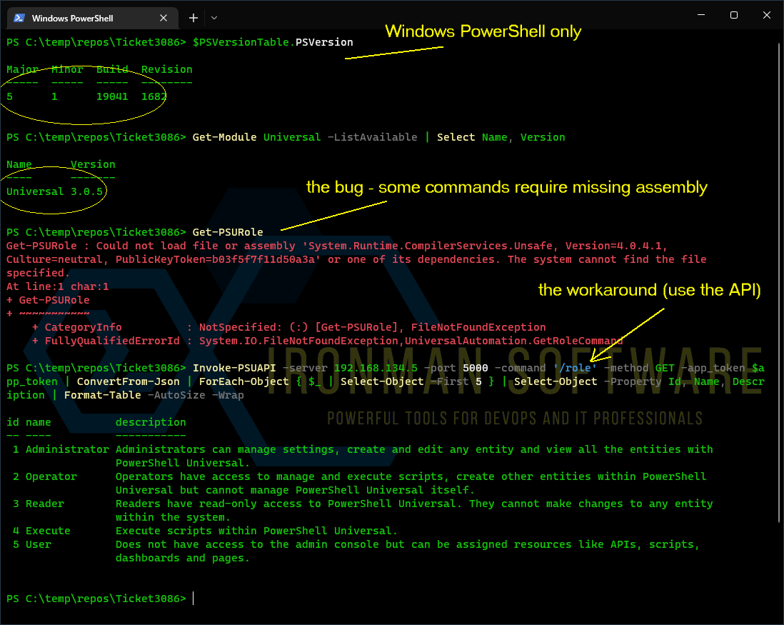 Get Psurole Fails Windows Powershell Only · Issue 1295 · Ironmansoftware Powershell Universal