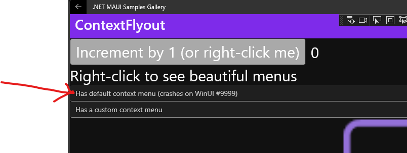 Default Right Click context menu on Entry currently crashes for the Maui.Control.Samples project ...