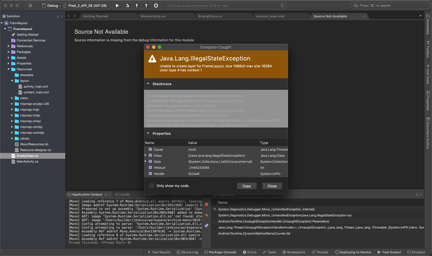 Exception throws as Java.lang.IllegalStateException: Unable to create layer in Xamarin Forms ...