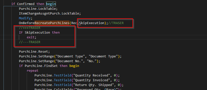 T38 RecreatePurchLines extend OnBeforeRecreatePurchLines with handler and skip execution of ...